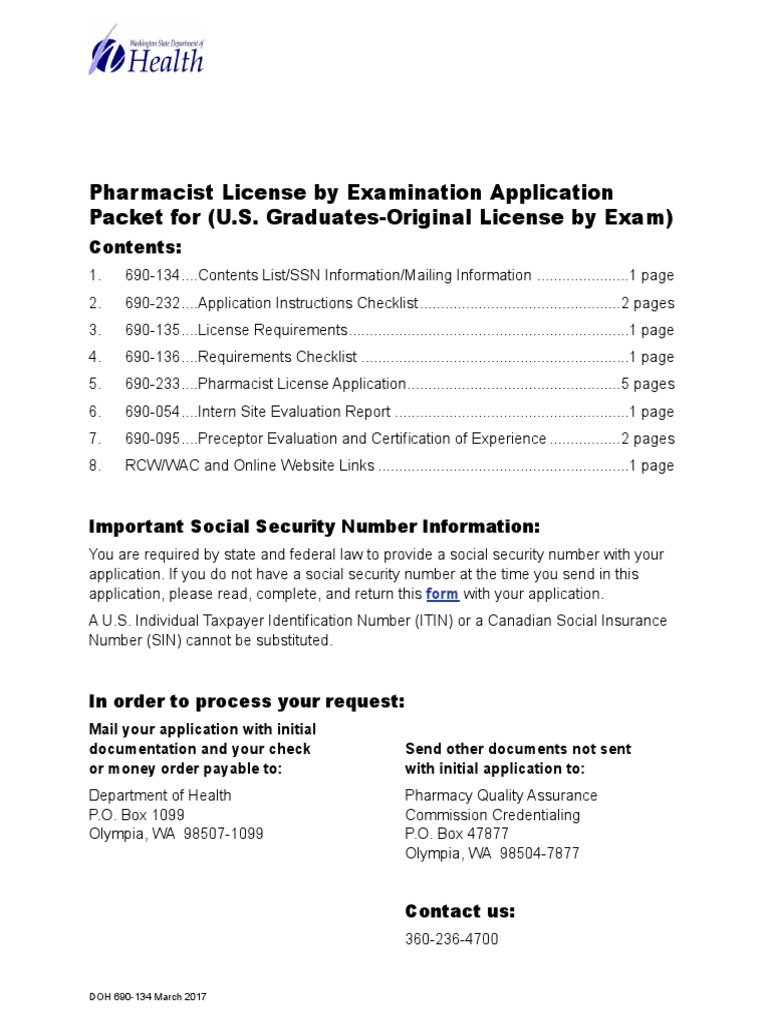 Pharmacist License by Examination Application Packet For (U.S ...