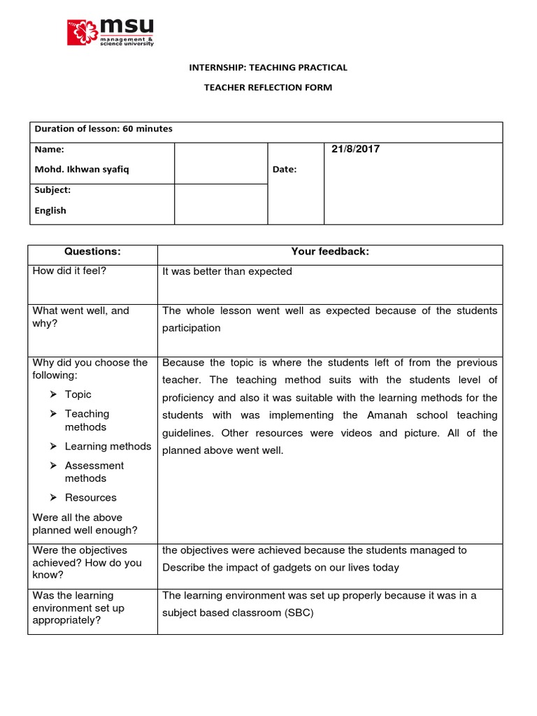 Internship: Teaching Practical Teacher Reflection Form | PDF | Career ...