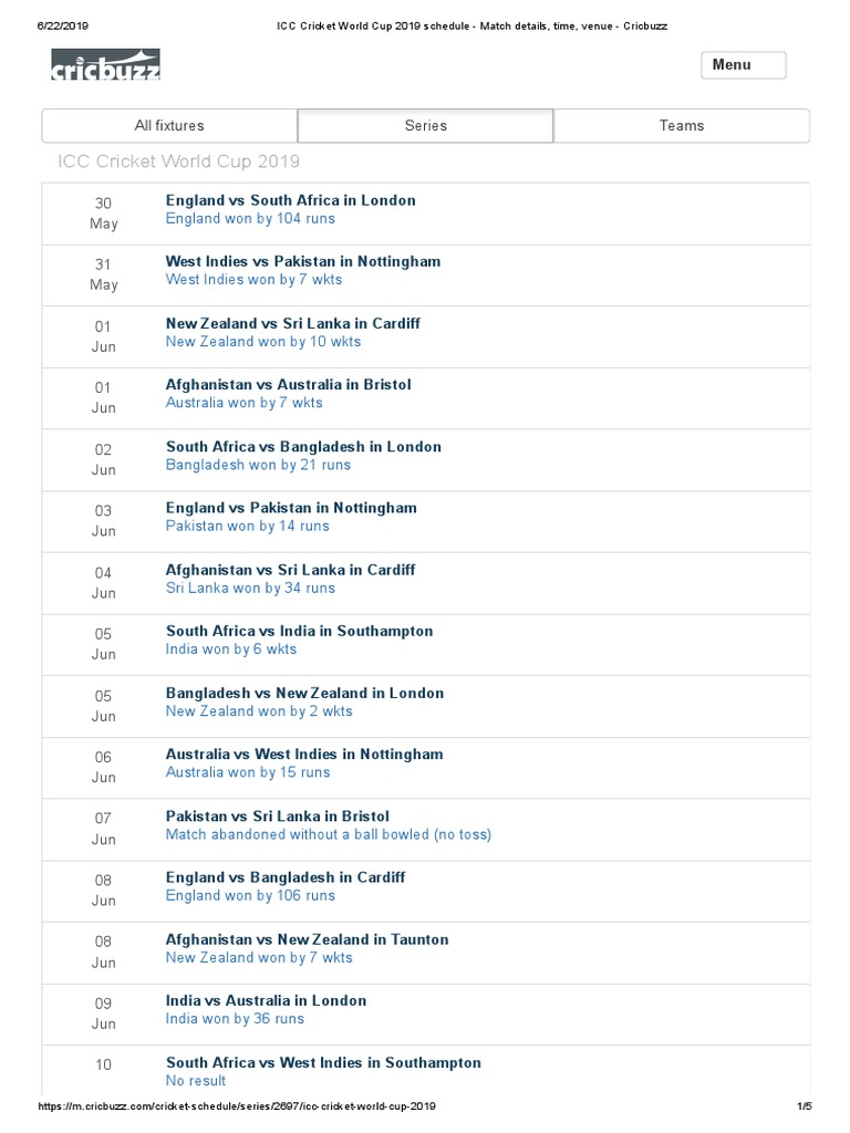 ICC Cricket World Cup 2019 Schedule - Match Details, Time, Venue ...