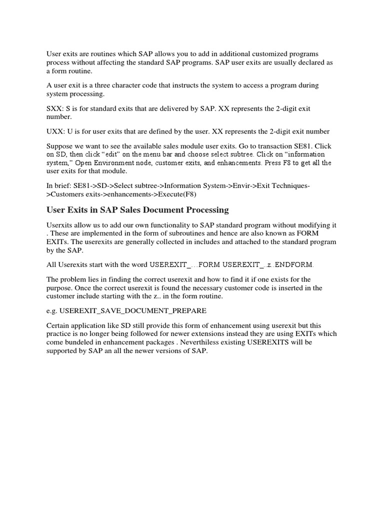 User Exits in SAP Sales Document Processing | PDF | Subroutine | Parameter (Computer Programming)