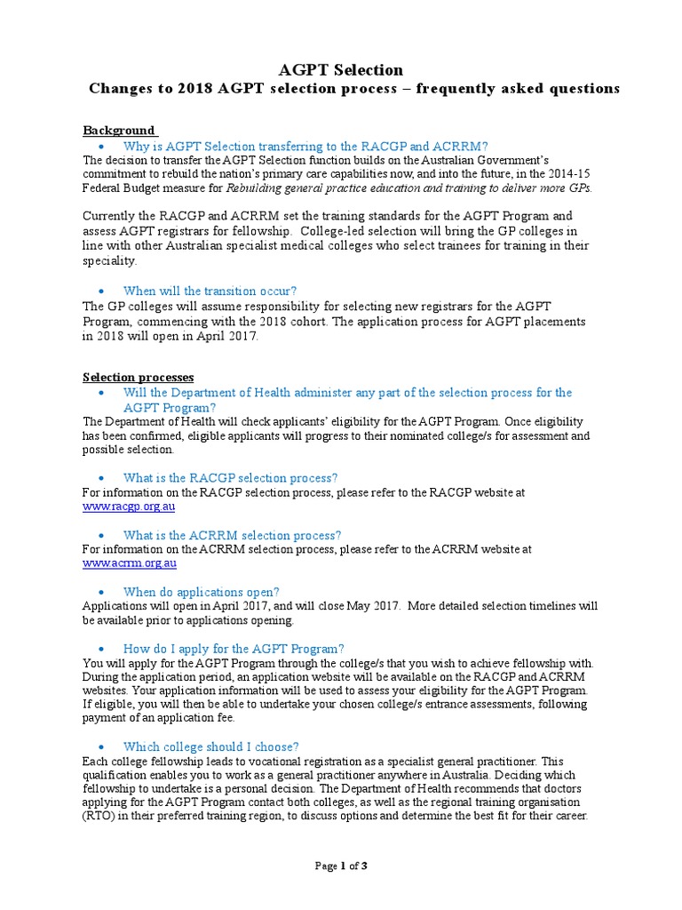 Changes To 2018 AGPT Selection FAQs New | PDF | General Practitioner ...