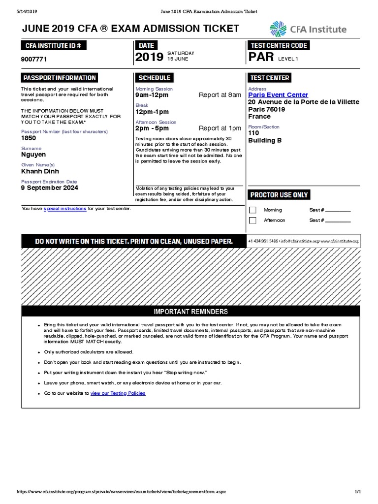 June 2019 CFA Examination Admission Ticket | PDF | Passport | Test ...