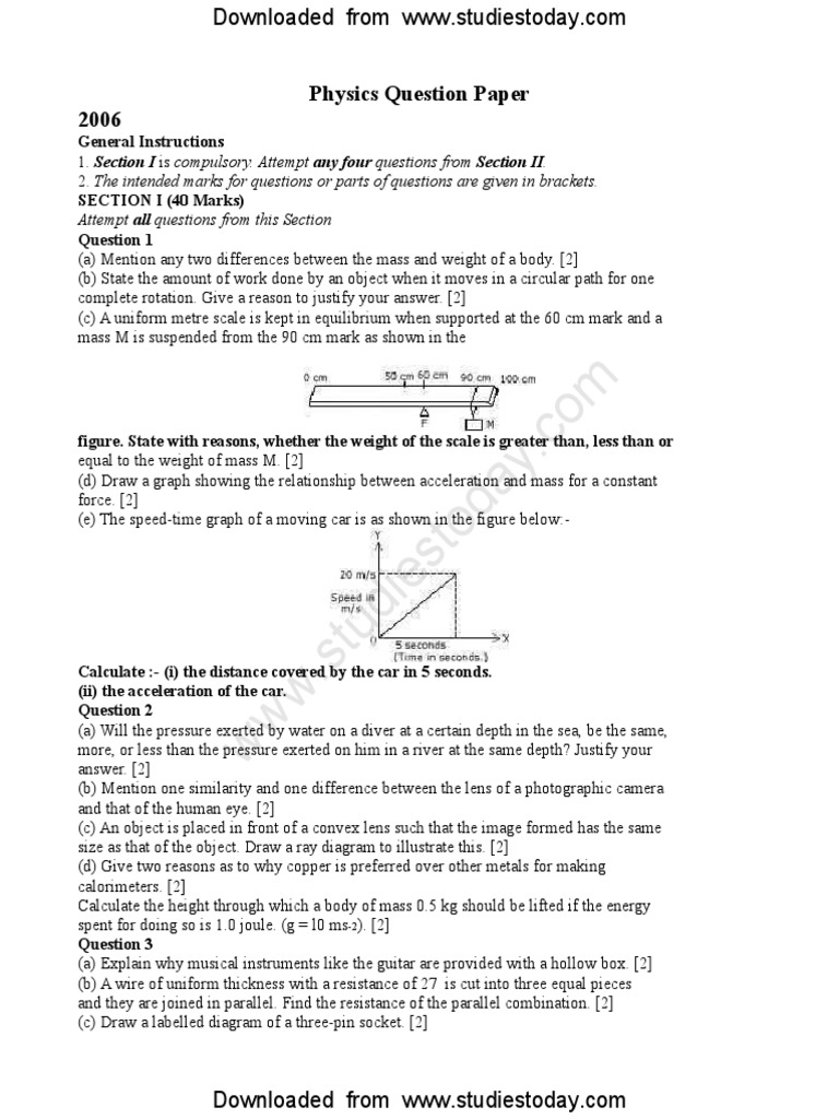 ICSE Class 10 Physics Sample Paper | PDF | Pressure | Light