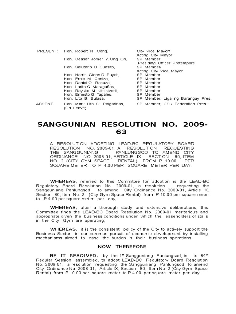 Sanggunian Resolution No. 2009-63: ST TH | PDF | Government Of The ...