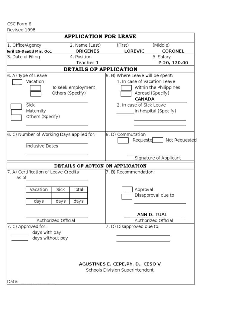 CSC Form 6 Leave Form-New | PDF