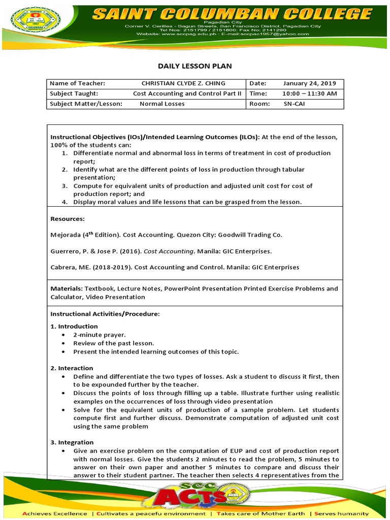Cost Accounting-Lesson Plan | PDF | Education Theory | Teachers