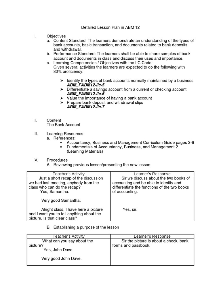 Lesson Plan: Understanding Bank Accounts | PDF | Transaction Account ...
