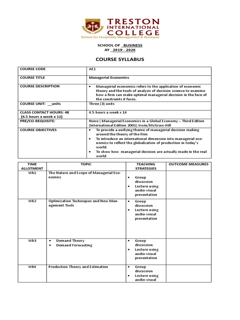 Course Syllabus AE11 - Managerial Economics | PDF | Monopoly | Economics