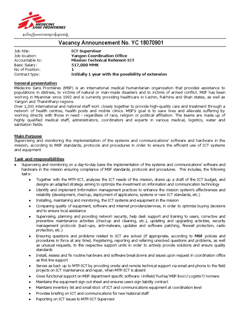 ICT Supervisor Vacancy in Yangon | PDF | Médecins Sans Frontières ...