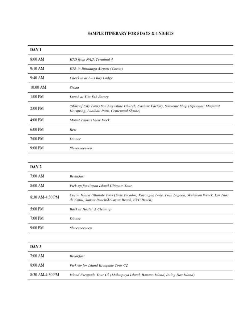 Sample Itinerary Coron | PDF