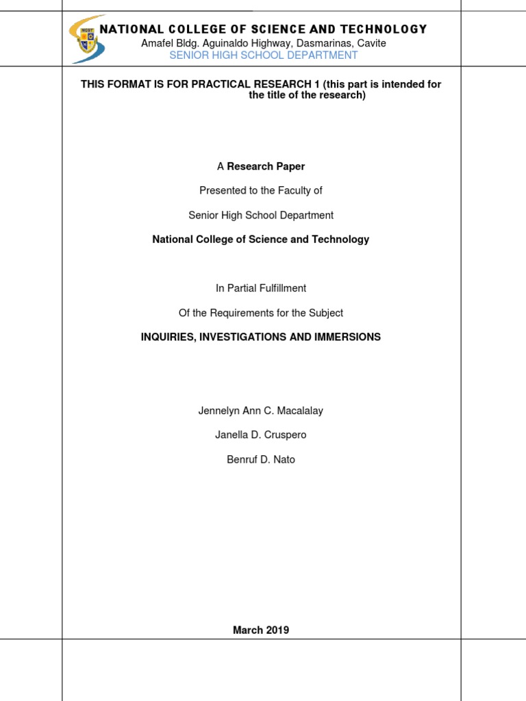 THIS FORMAT IS FOR PRACTICAL RESEARCH 1 (This Part Is Intended For The ...