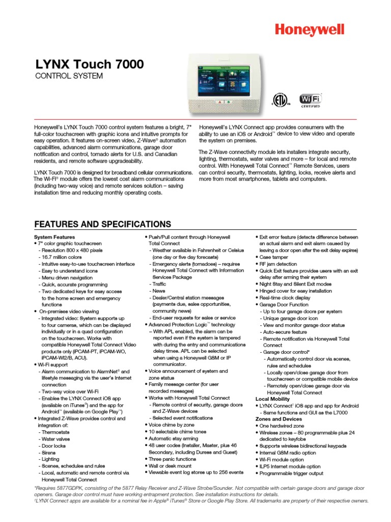 Honeywell l7000 Lynx Touch Security System Data Sheet | PDF | Mobile App | Ios