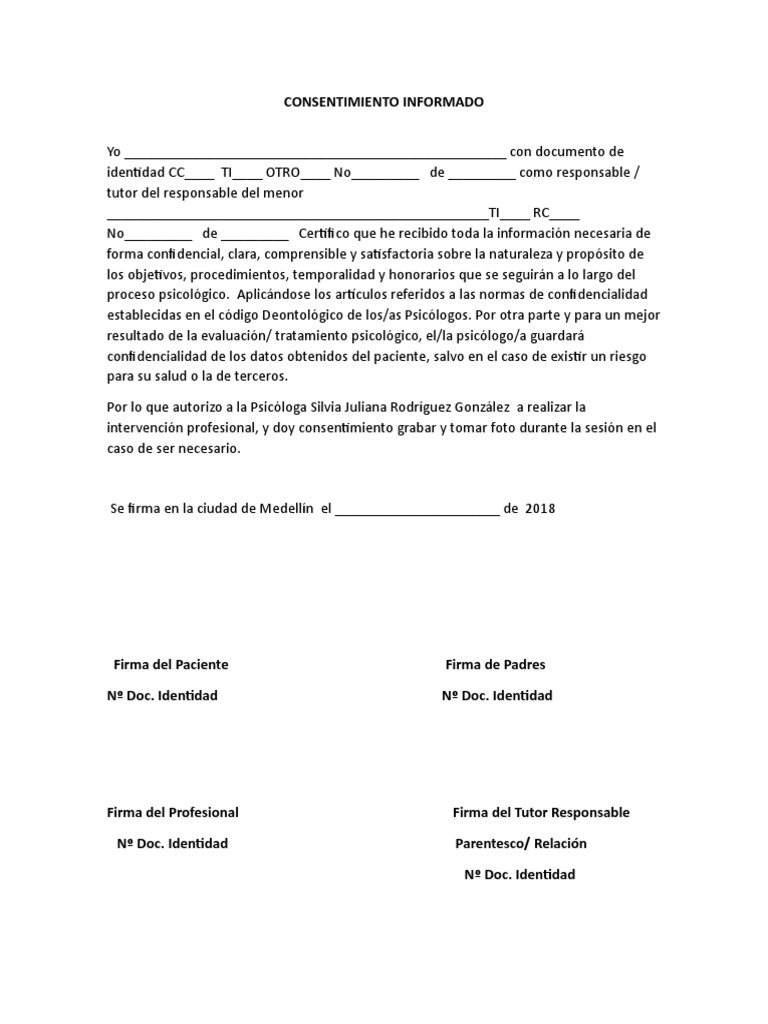 Consentimiento Informado Para Niños en psicología | Consentimiento ...