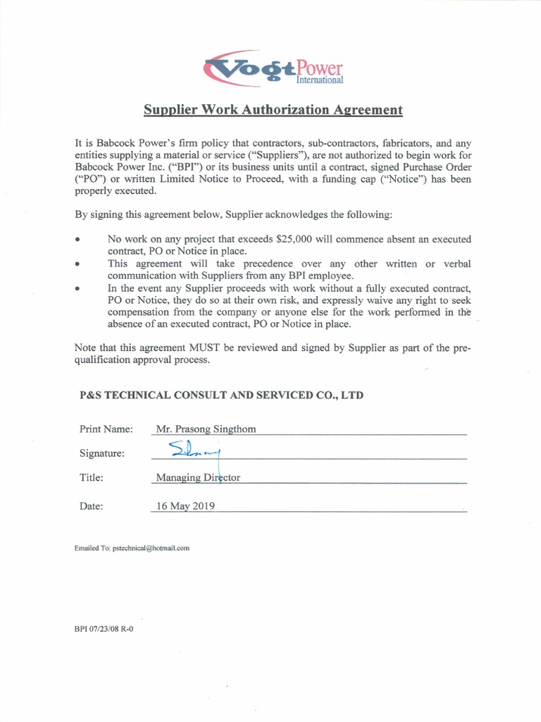 Supplier Work Authorization Agreement | PDF