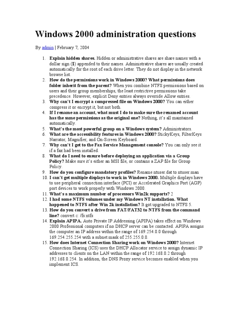 Windows 2000 Administration Questions | PDF | Windows 2000 | Ip Address