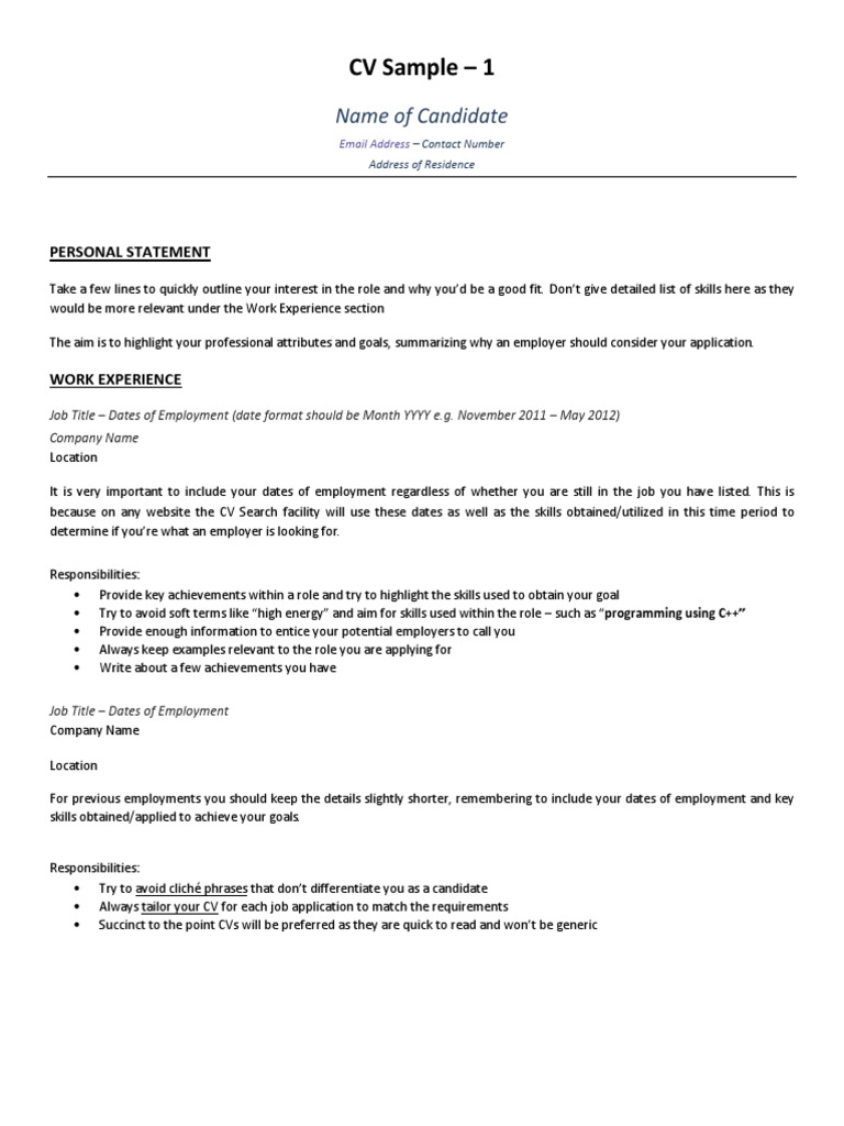 CV Sample - 1: Name of Candidate | PDF | Business