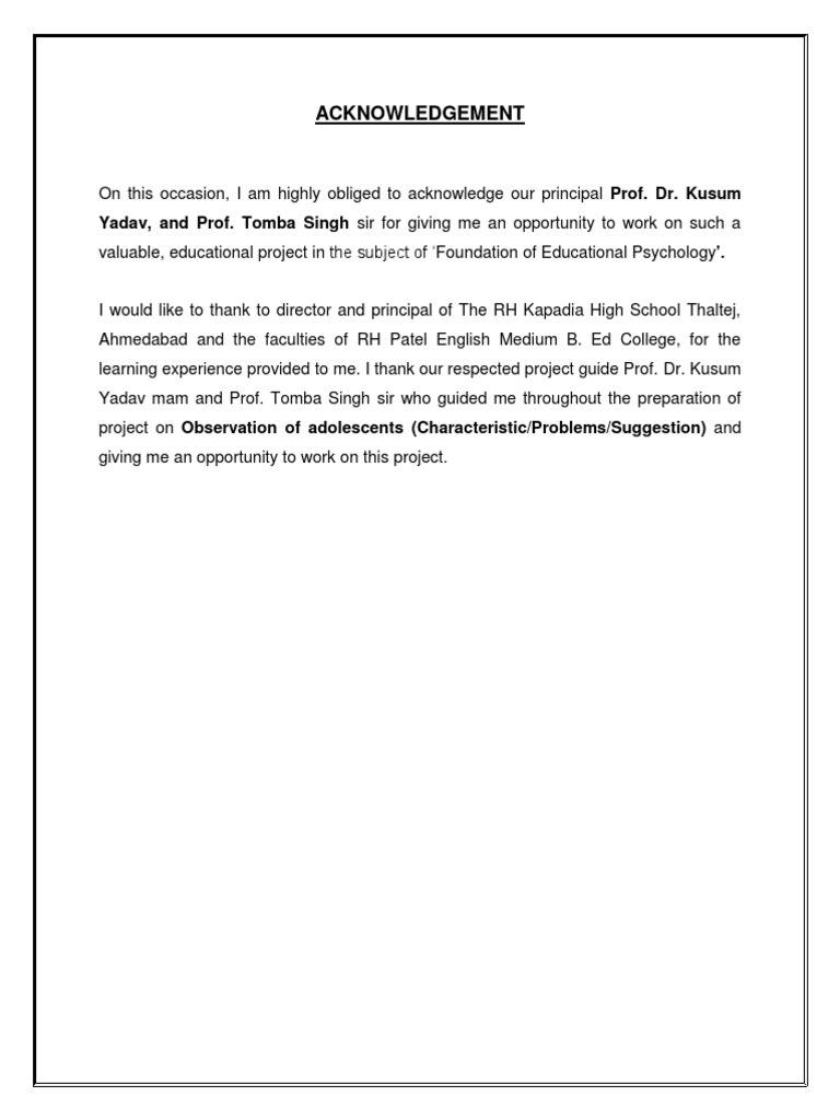 Acknowledgement: Yadav, and Prof. Tomba Singh Sir For Giving Me An ...