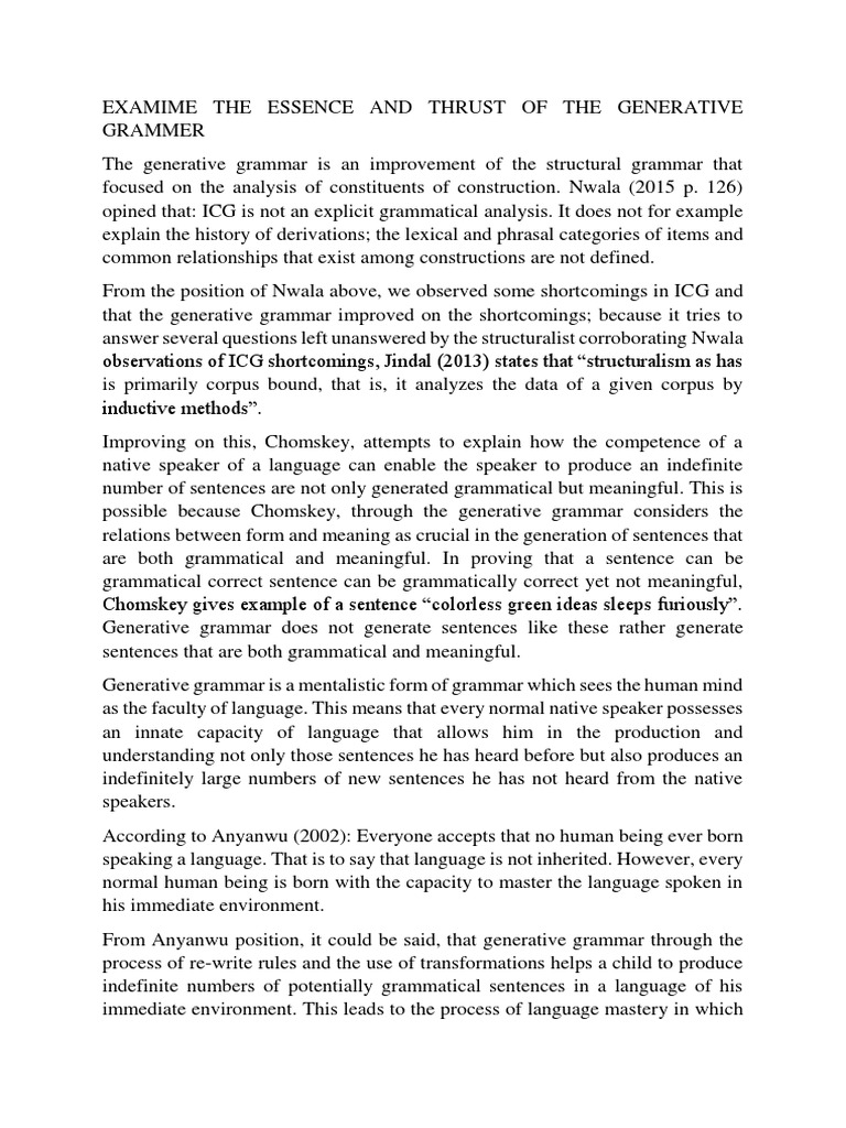 Examime The Essence and Thrust of The Generative Grammer | PDF ...