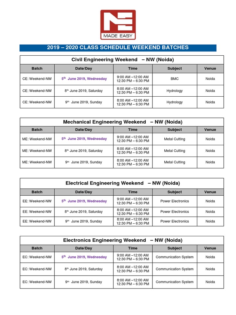 2019 - 2020 Class Schedule Weekend Batches: Civil Engineering Weekend ...
