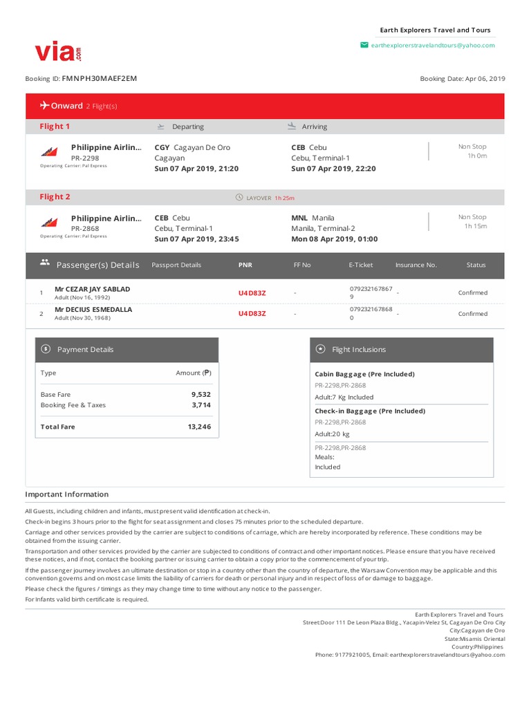Booking Confirmation for Domestic Flights from Cagayan de Oro to Manila via Cebu for Two ...