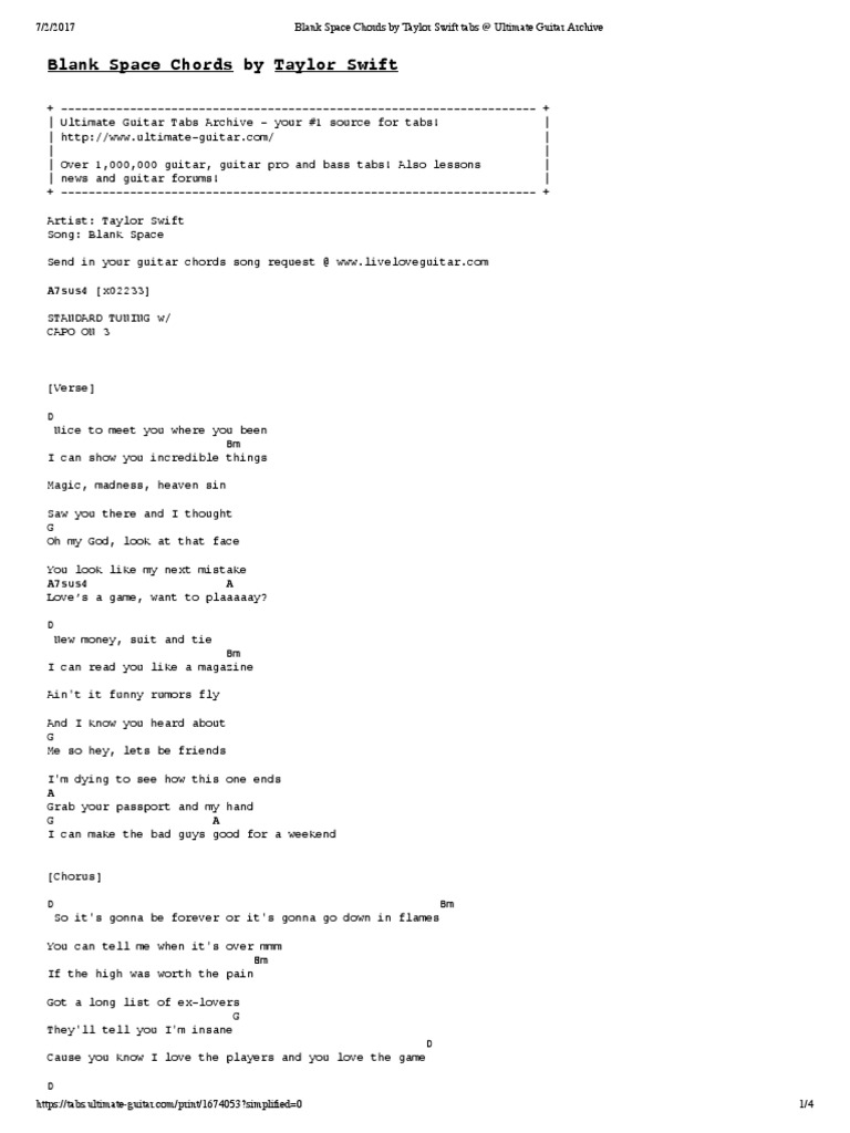 Blank Space Chords by Taylor Swift PDF | PDF