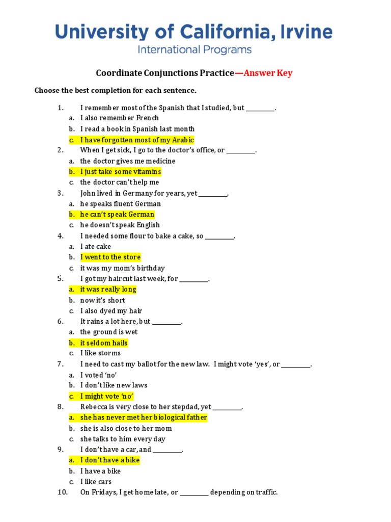 Coordinate Conjunctions Practice: Choose The Best Completion For Each ...
