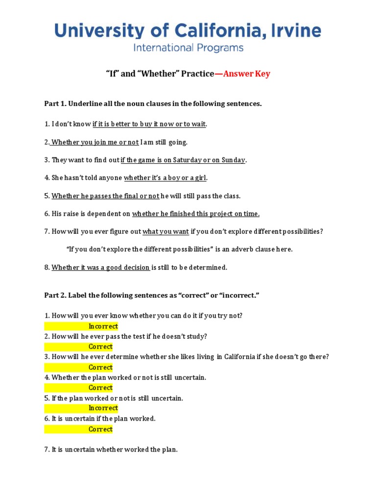 Understanding 'If' and 'Whether' Clauses: An Exercise with Answers ...