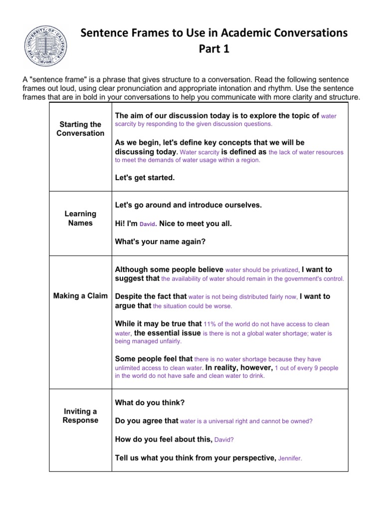 Sentence Frames To Use in Academic Conversations: David | PDF