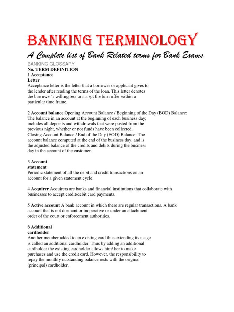 Banking Terminology: A Complete List of Bank Related Terms For Bank ...