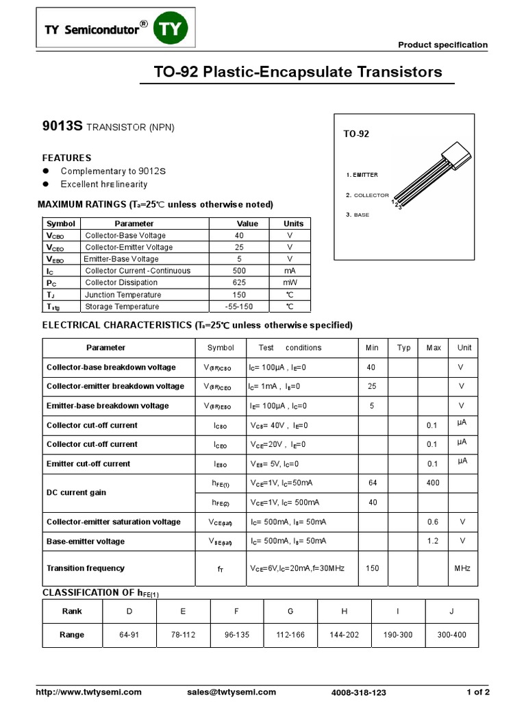 TO-92 Plastic-Encapsulate Transistors: Transistor (NPN) | PDF | Bipolar Junction Transistor ...