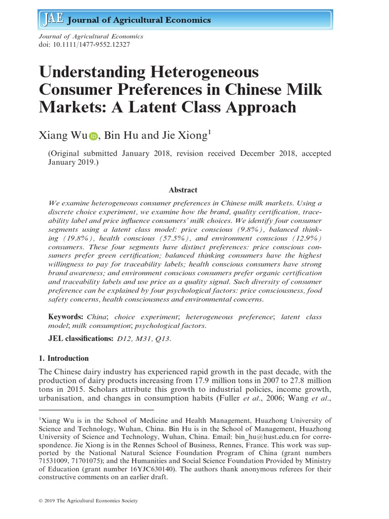 Understanding Heterogeneous Consumer Preferences in Chinese Milk Markets: A Latent Class ...