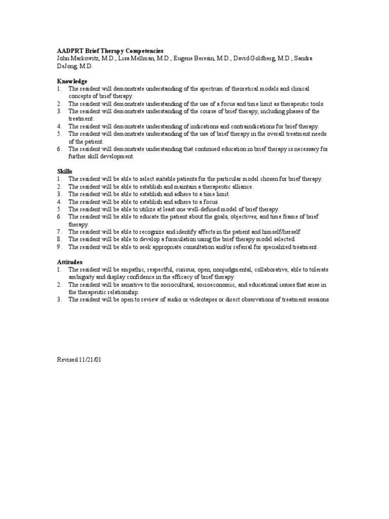 Brief Therapy Competencies Overview | PDF | Cognitive Behavioral ...