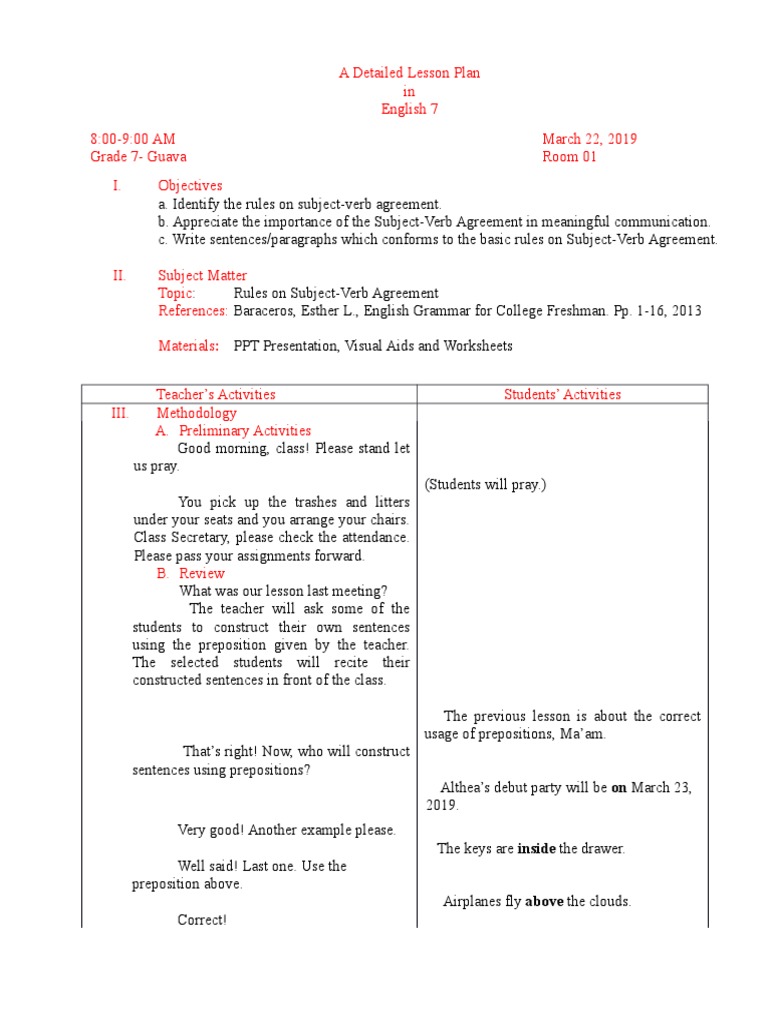 Sample Detailed Lesson Plan in English 7 | PDF | Grammatical Number ...