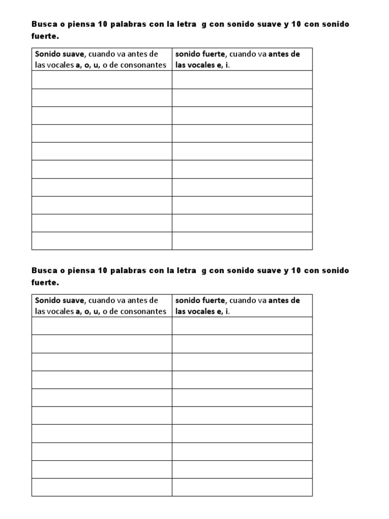 Busca o Piensa 10 Palabras Con La Letra G Con Sonido Suave y 10 Con ...
