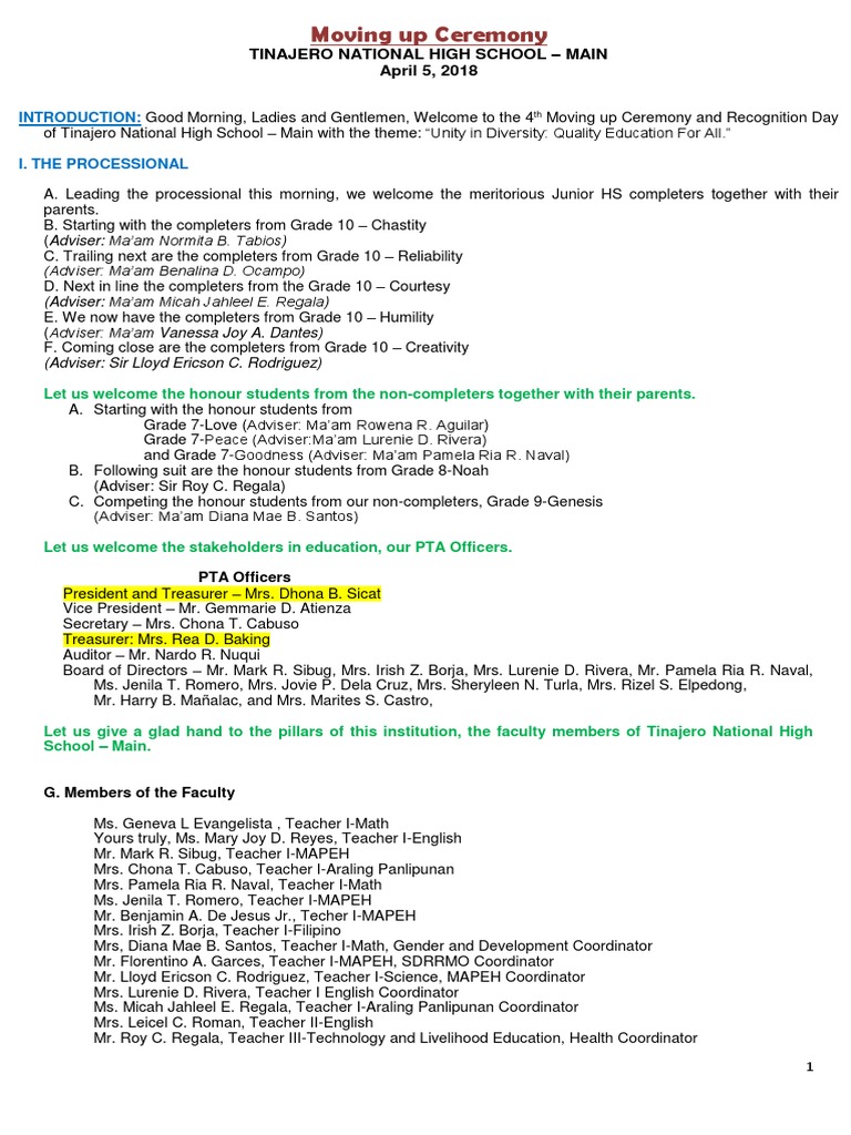 Moving Up Ceremony 2018 2019 Script | PDF