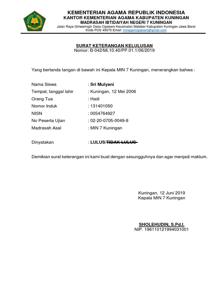 Contoh Format Surat Kelulusan Tingkat MI | PDF
