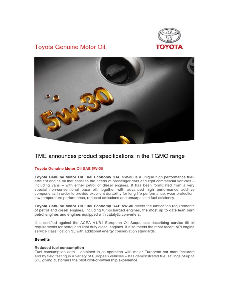 Toyota Genuine Motor Oil 5w30 PDF | PDF | Motor Oil | Fuel Economy In ...
