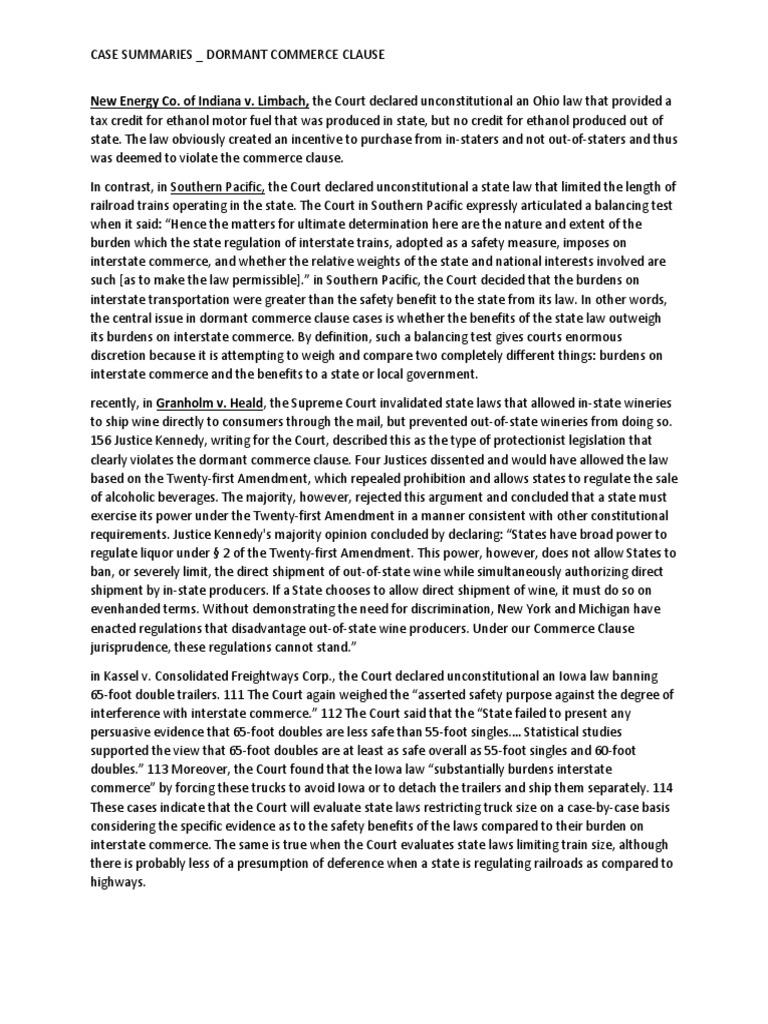 Case Summaries Dormant Commerce Clause - Outline | PDF | Commerce ...
