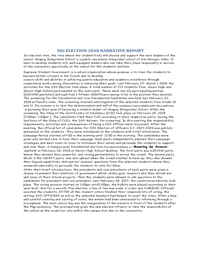 SSG Election 2018 Narrative Report | PDF | Voting | Elections