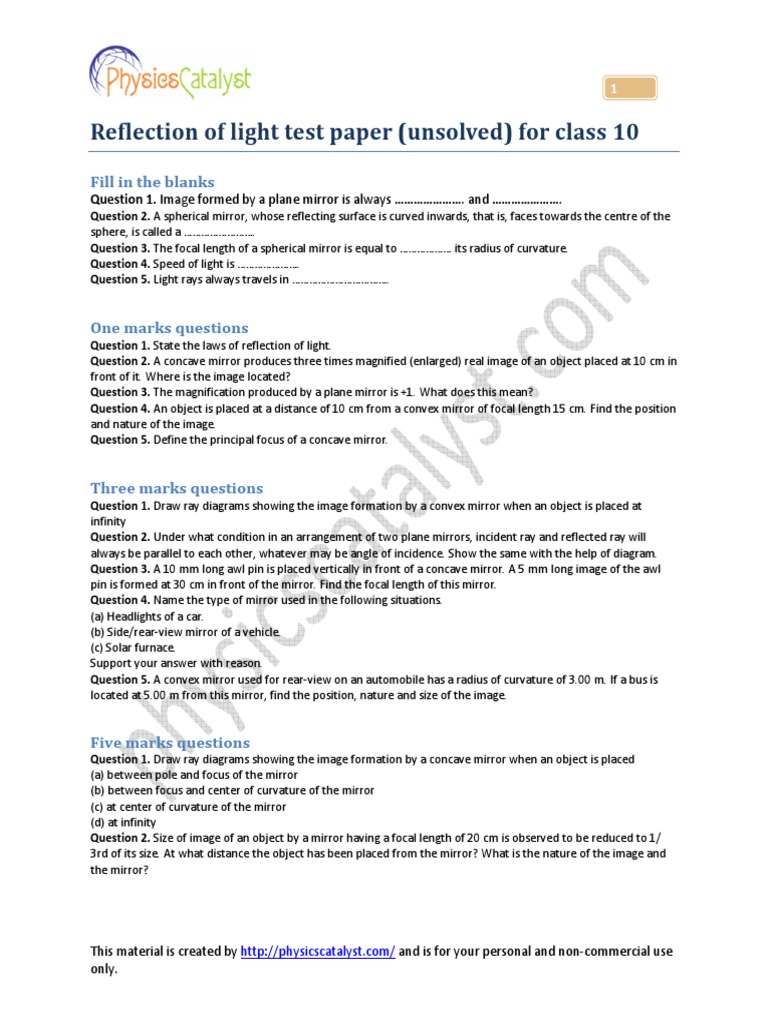 Reflection of Light Test Paper Class 10 | PDF | Lens (Optics) | Glass ...