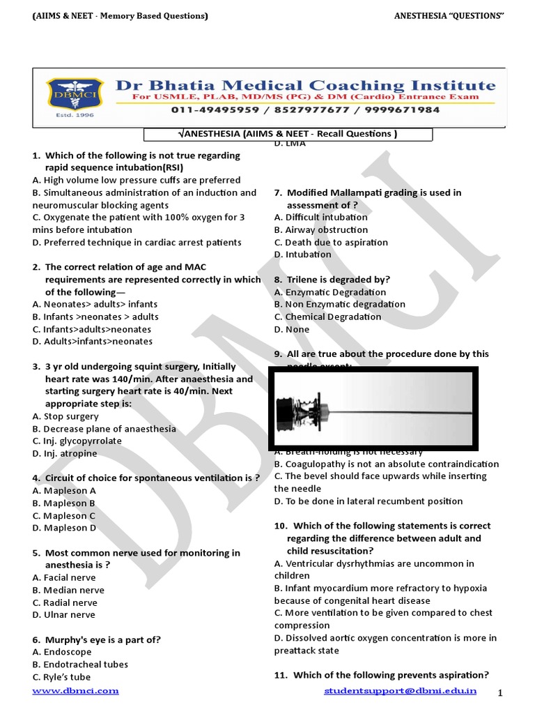 AIIMS & NEET - Memory Based Anesthesia Questions | PDF | Anesthesia ...