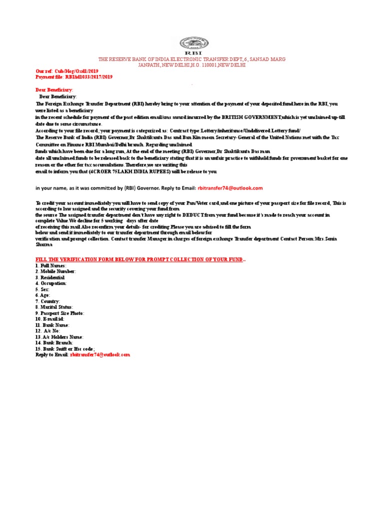 RBI Funds Release Announcement | PDF | Reserve Bank Of India | Payments