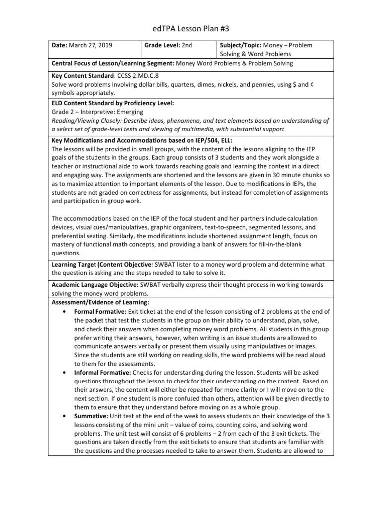 Edtpa Lesson Plan 3 | Download Free PDF | Educational Assessment ...