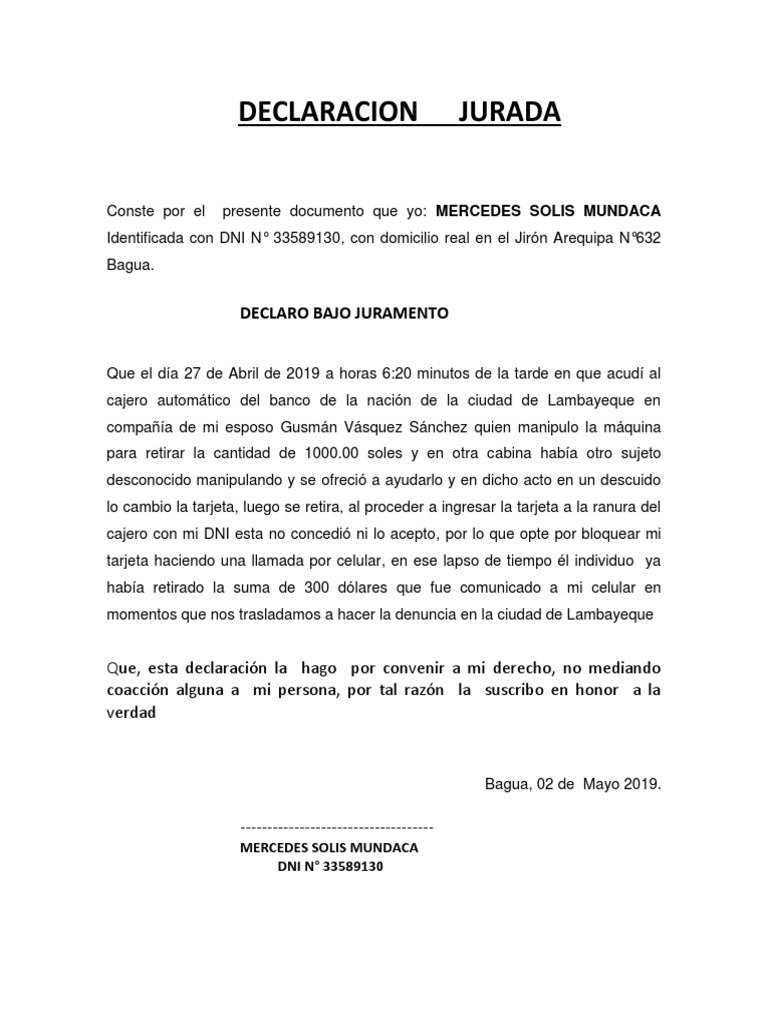 Declaracion Jurada en Caso de Robo de Targeta de Ahorros | PDF