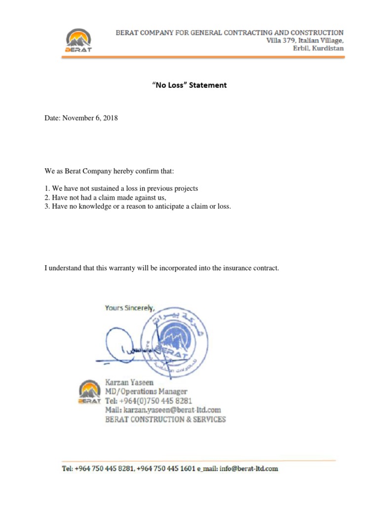 No Loss Statement for Insurance | PDF