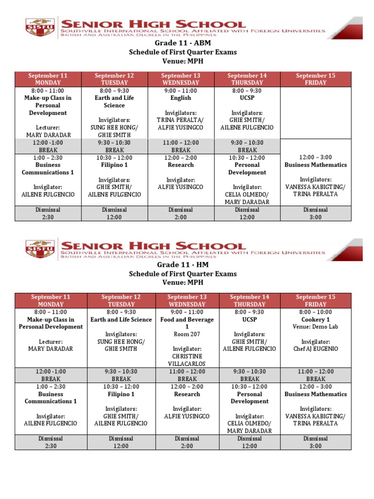 Grade 11 - ABM: Schedule of First Quarter Exams Venue: MPH | PDF