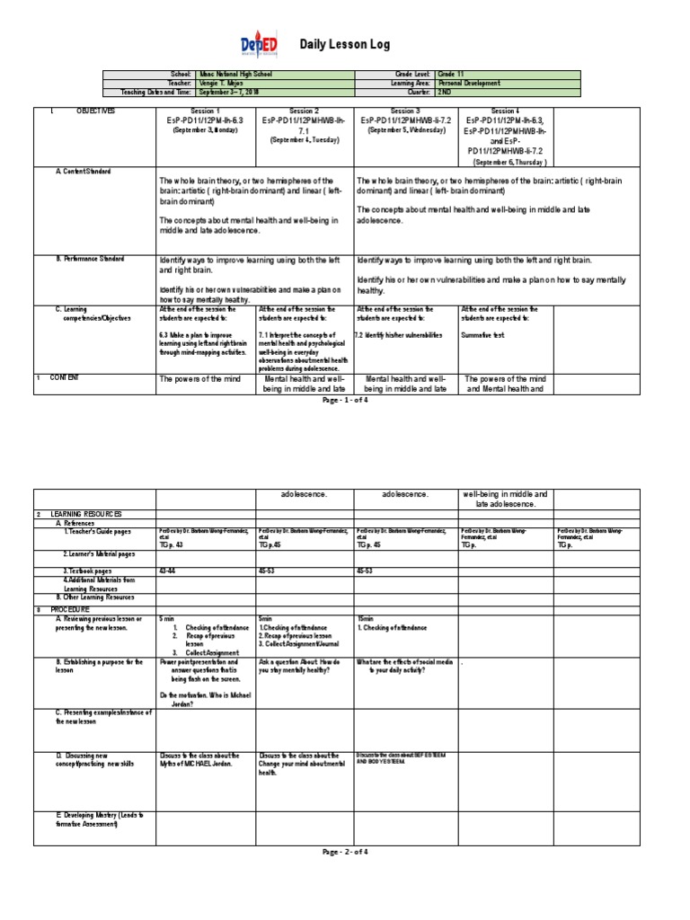 DLL PerDev Week 8 | PDF | Mental Health | Teachers