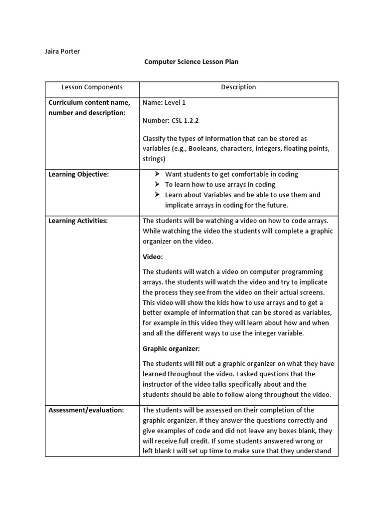 Lesson Plan 1 | PDF | Lesson Plan | Variable (Computer Science)