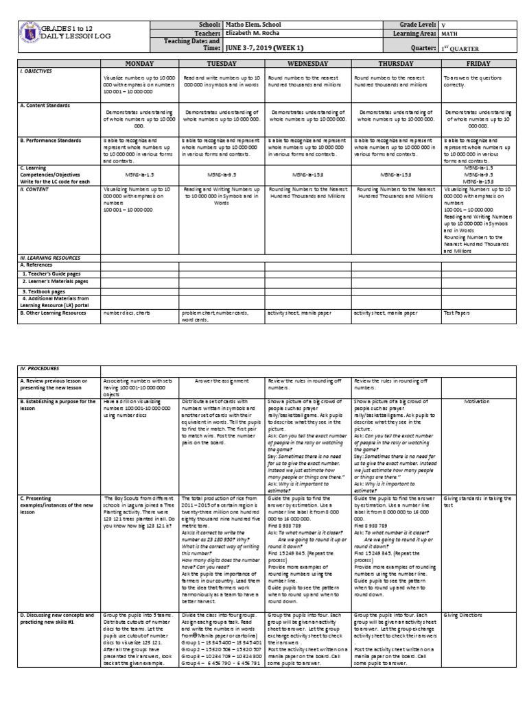Grade 5 Math Lesson Plan: Whole Numbers | PDF | Paper | Educational ...
