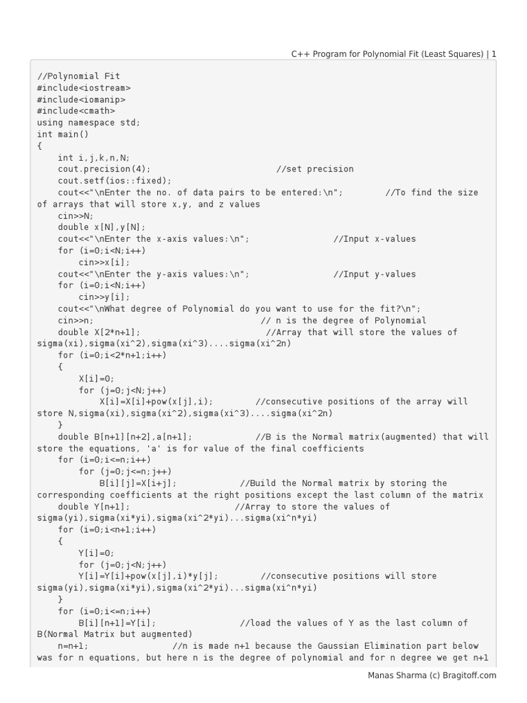 C++ Program For Polynomial Fit (Least Squares) PDF | PDF | Matrix ...